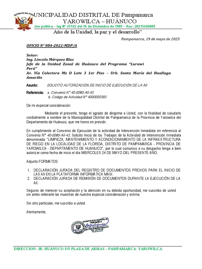 Oficio N 229-2022-Mdp-A - Convenio 40-0120-Aii-26 | PDF | Derecho