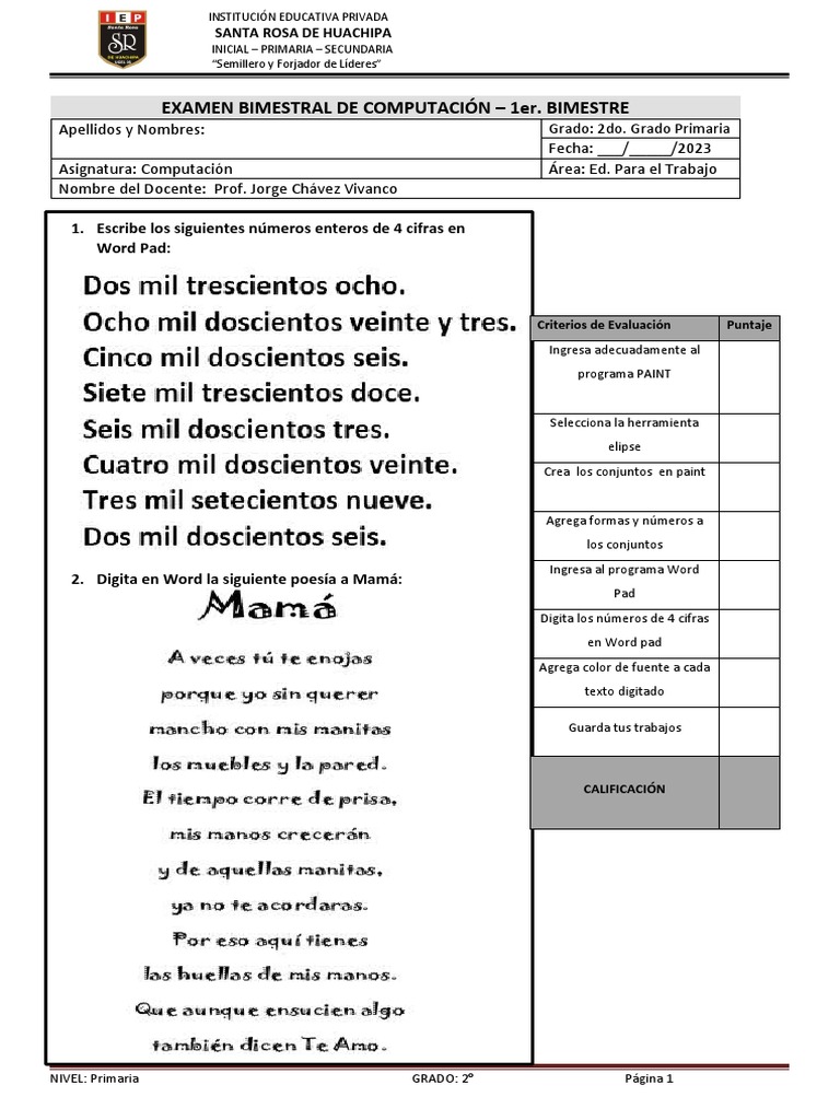 Examen 2do Primaria | PDF