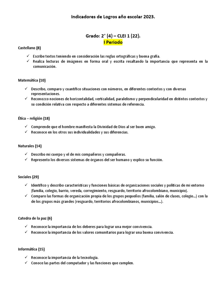 Indicadores de Logros Año Escolar 2023 | PDF