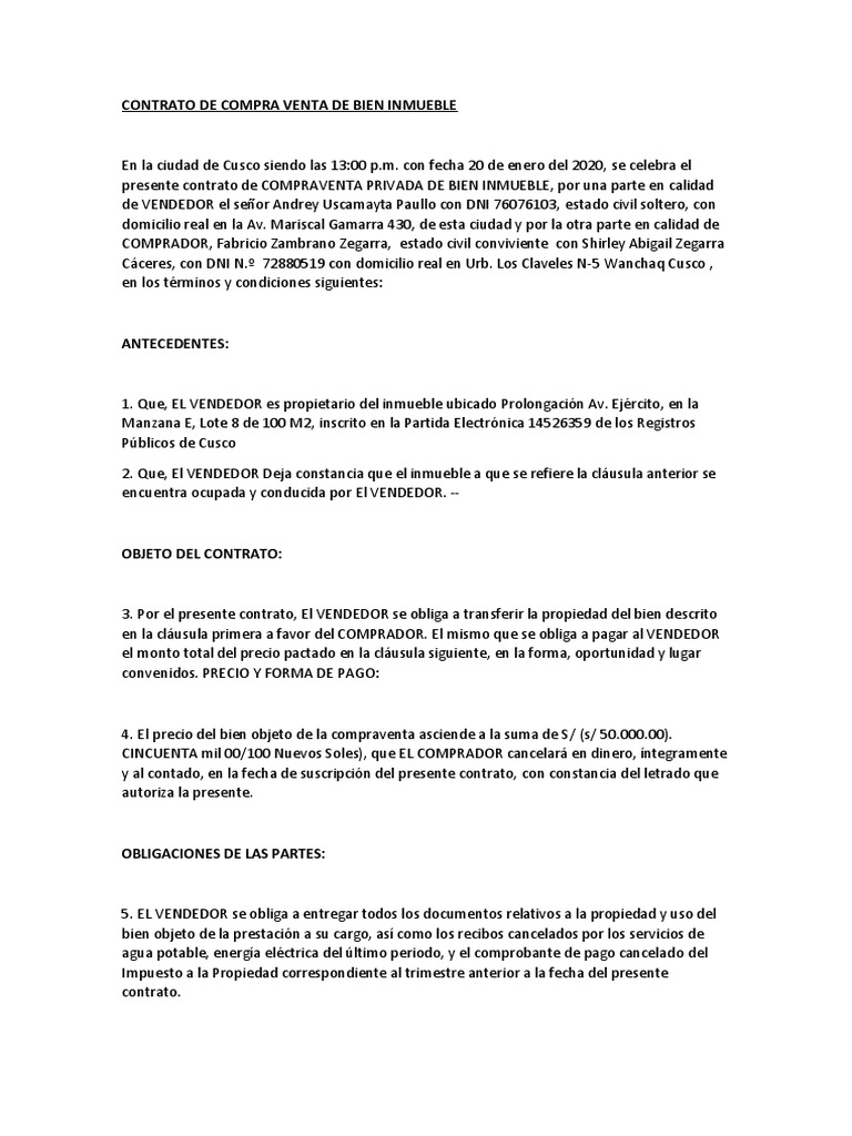 Contrato de Compra Venta de Bien Inmueble | PDF | Ley común | Derecho civil (sistema legal)