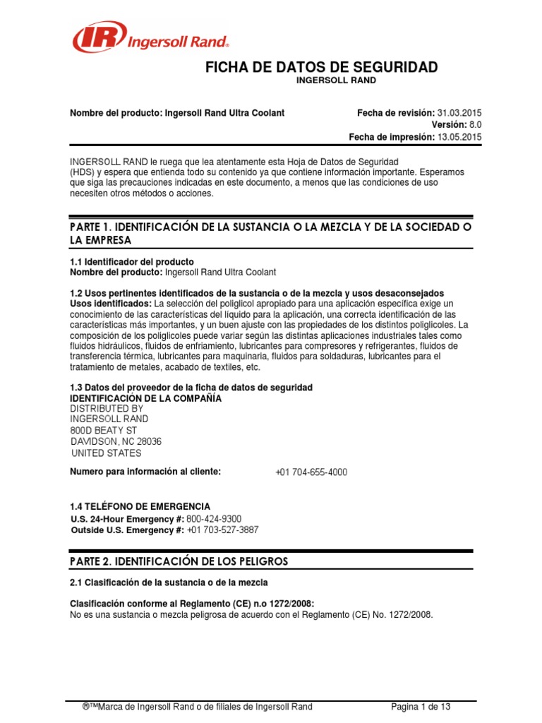 Spain Sds Ingersoll Rand Ultra Coolant | PDF | Agua | Toxicidad