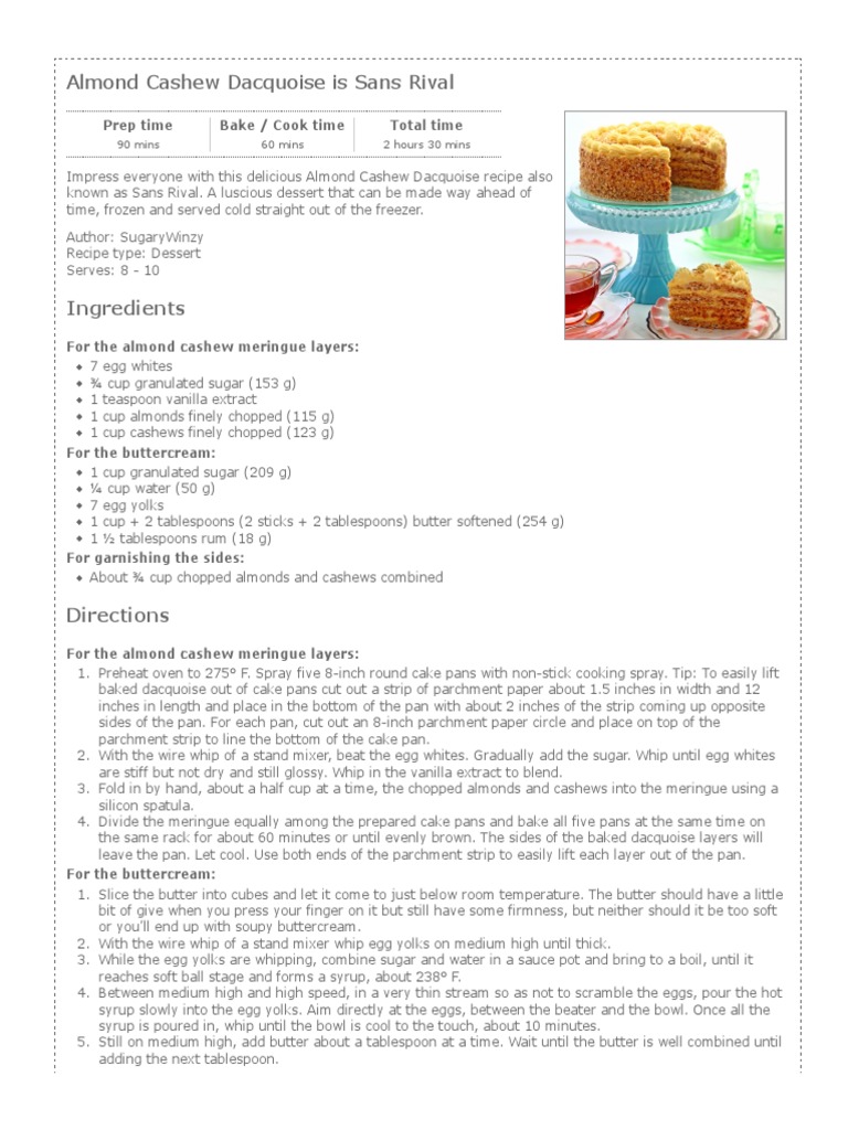 Almond Cashew Dacquoise Is Sans Rival | PDF | Cakes | Cookware And Bakeware
