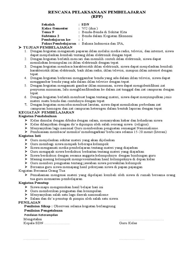 RPP 1 Lembar Kelas 5 Tema 9 Subtema 2 Pembelajaran 1 | PDF