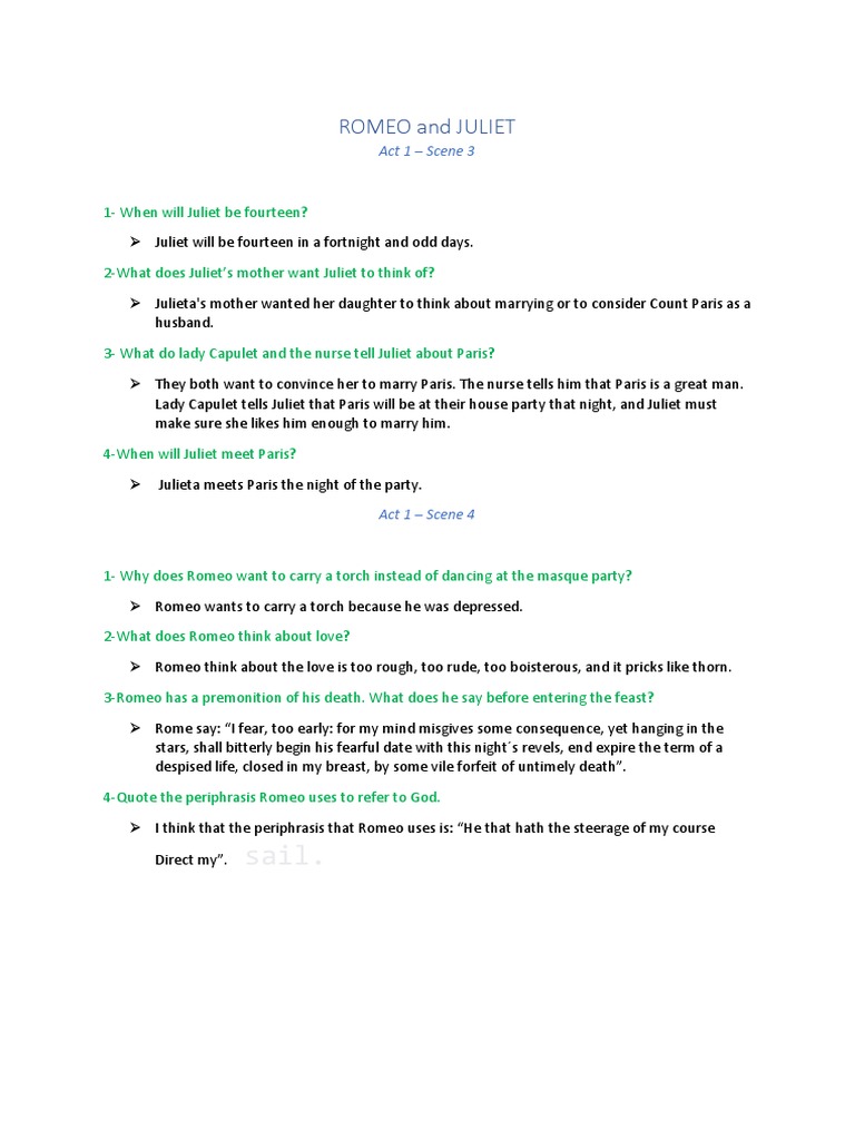 Romeo and Juliet Act 1 - Scene 3 and 4 | PDF