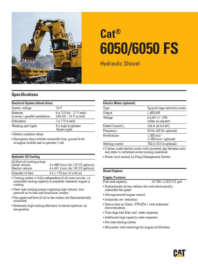 Cat 6050 Hydraulic Shovel Specs | PDF | Horsepower | Electric Motor