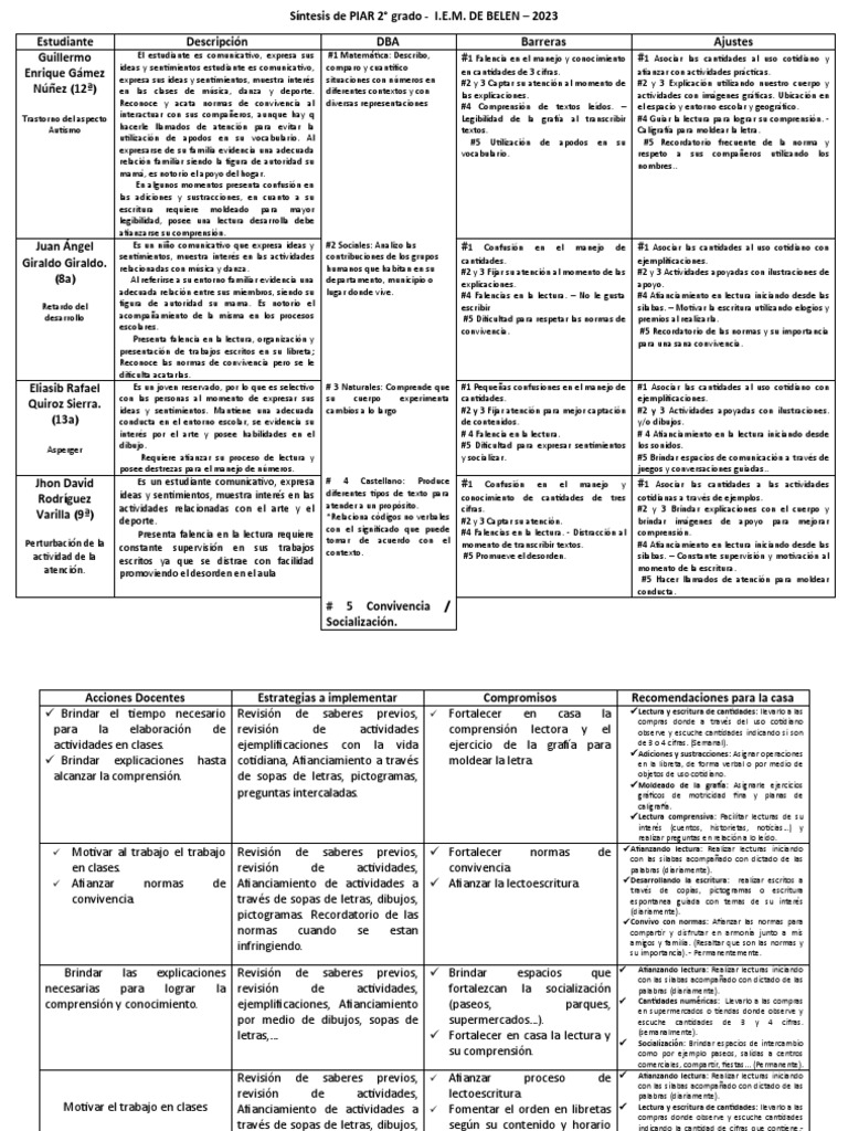 Síntesis de PIAR 2° grado - 2023 | PDF