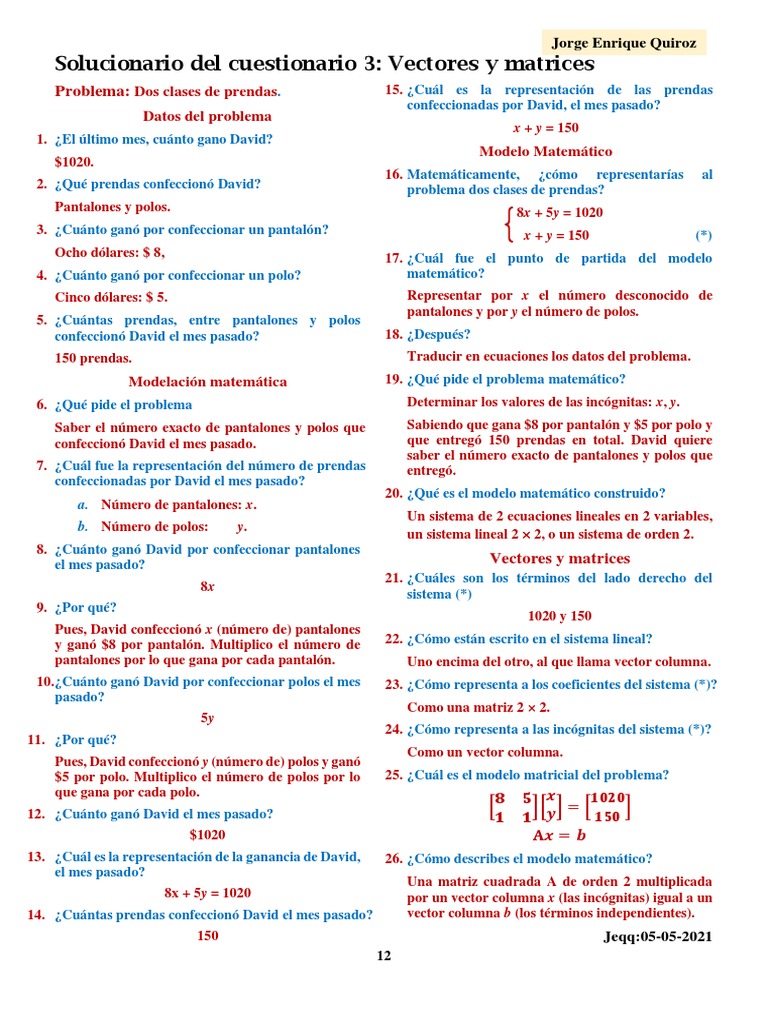 Solución Del Cuestionario 5 Vectores y Matrices para Estudiar La Complejidad | PDF | Matriz ...