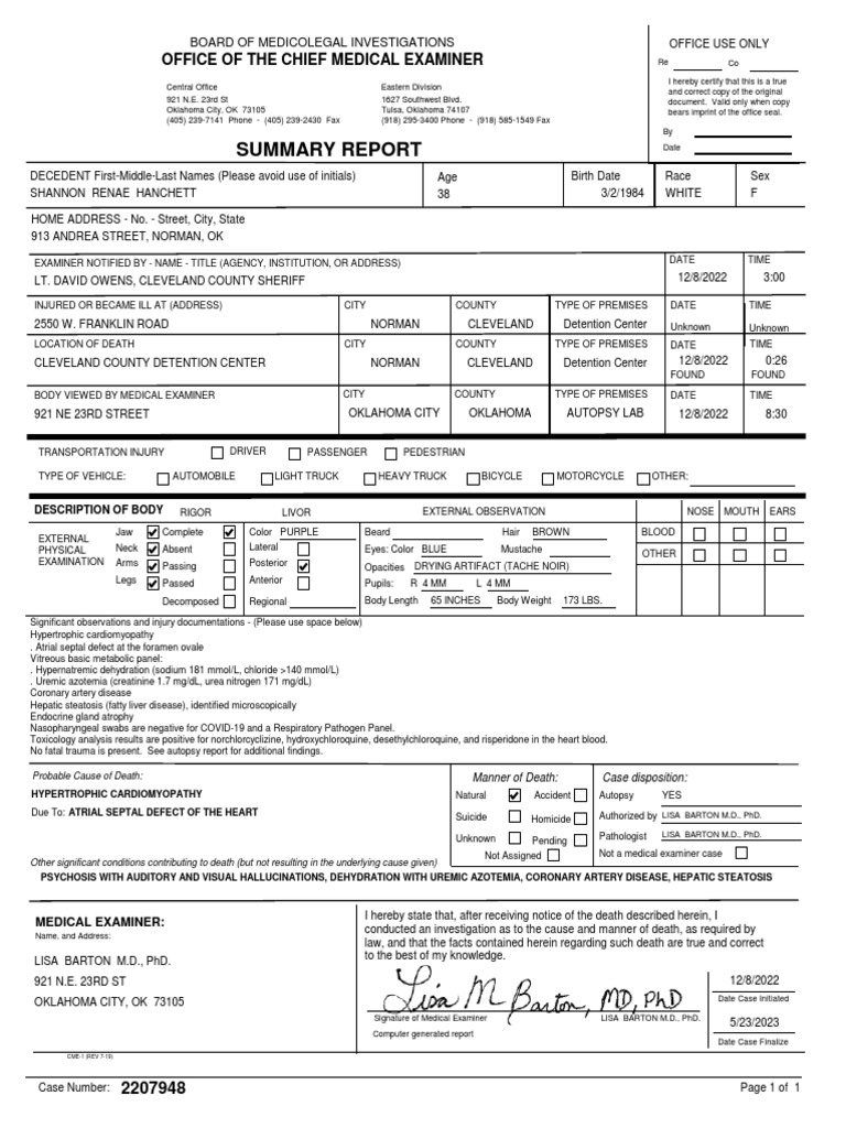 Shannon Hanchett Autopsy Report | PDF | Heart | Autopsy