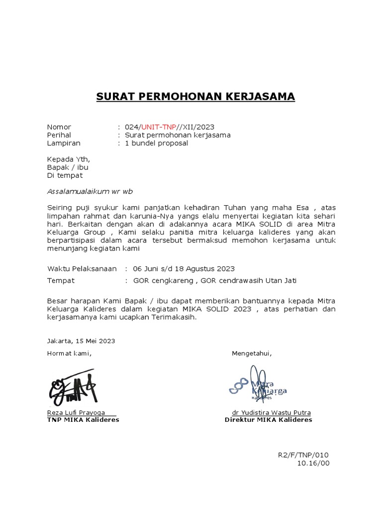 Surat Permohonan Kerjasama Acara MIKA SOLID 2023 | PDF