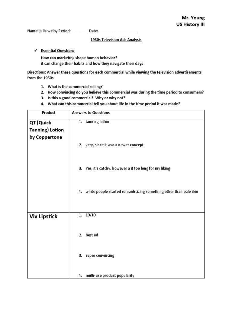 Television Ads From The 1950s Analysis | PDF