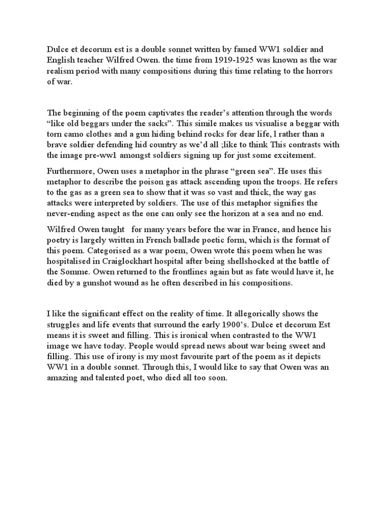 Dulce Et Decorum Est Analysis For PBS | PDF