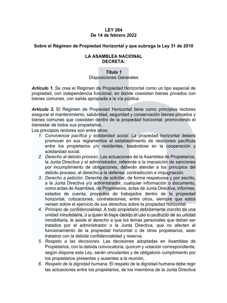 Ley 284 de 14 de Febrero de 2022 Ultima Version Abril 2022 | PDF | Condominio | Propiedad