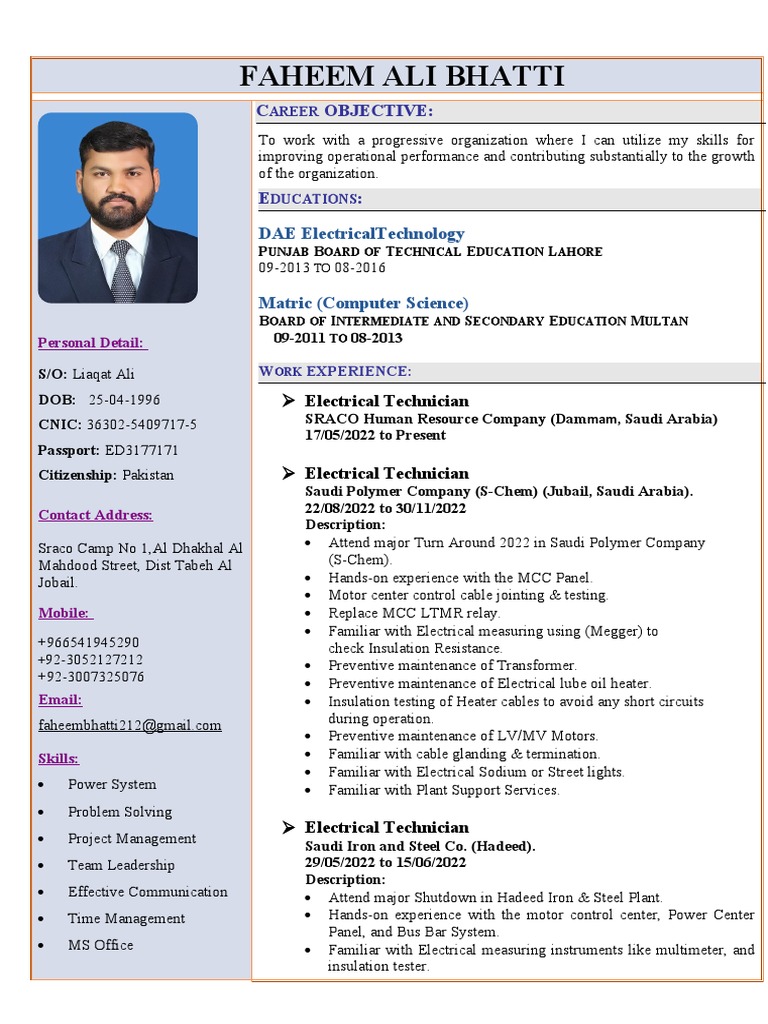 CV Format | PDF | Electrician | Electricity