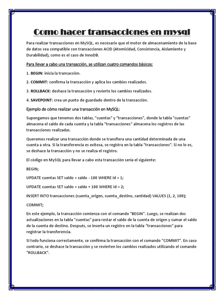 Como Hacer Transacciones en Mysql | PDF
