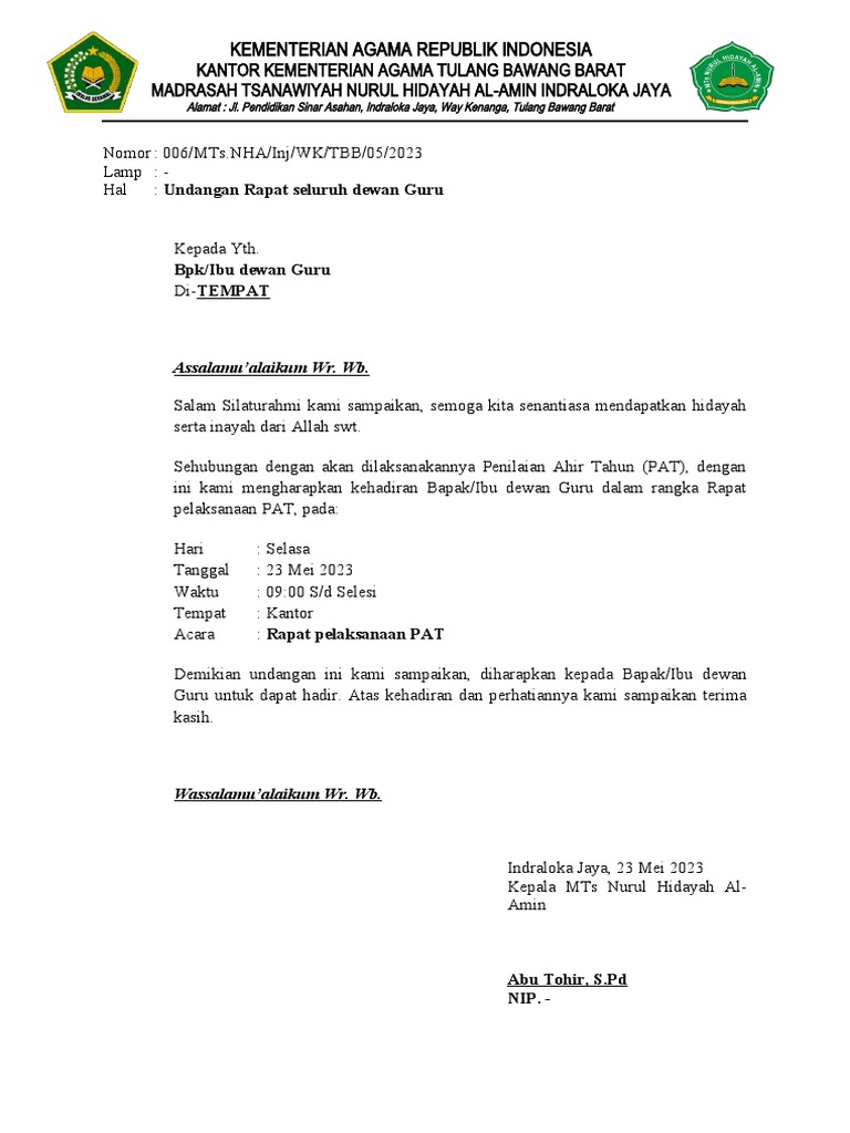 Contoh Undangan Pengambilan Raport | PDF