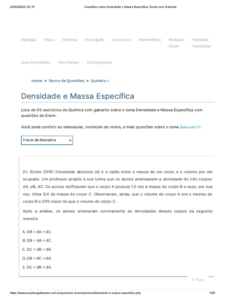 Questões Sobre Densidade e Massa Específica - Enem Com Gabarito | PDF ...
