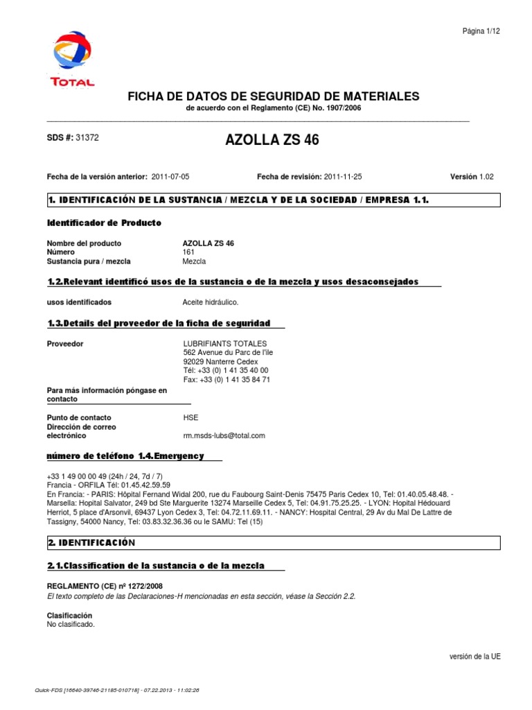 Alm-017. Msds Aceite Azolla Zs 46 | PDF | Residuos | Agua