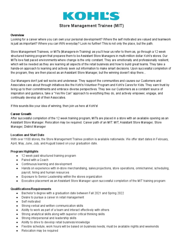 2022 Store Management Trainee Job Description | PDF | Skill | Business