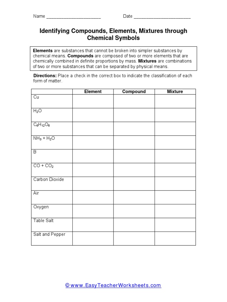 Identifying Compounds, Elements, Mixtures Through Chemical Symbols | PDF