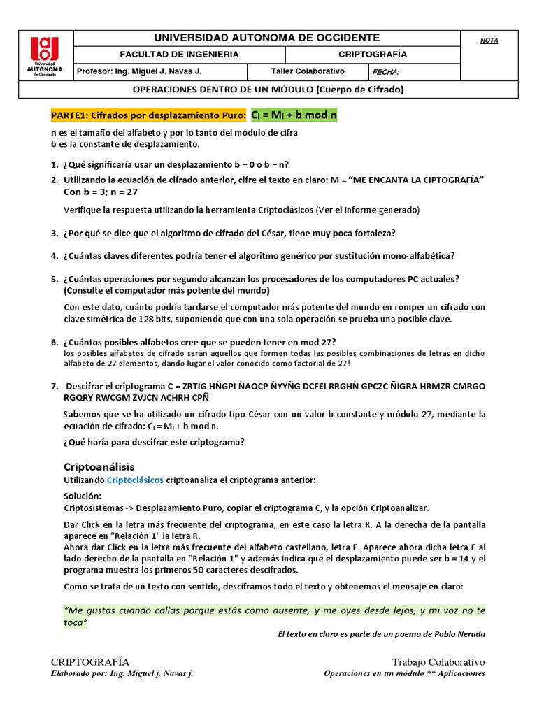 Operaciones y Cifrados en Criptografía | PDF | Cifrado | Criptografía