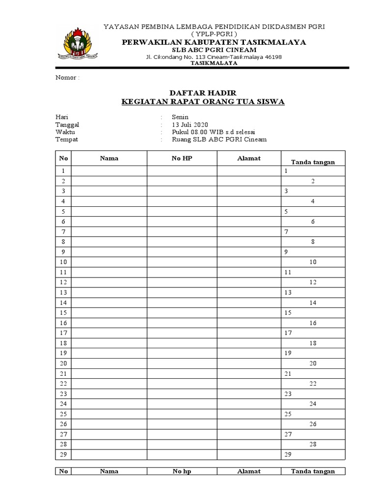 Daftar Hadir Rapat Orang Tua Siswa | PDF