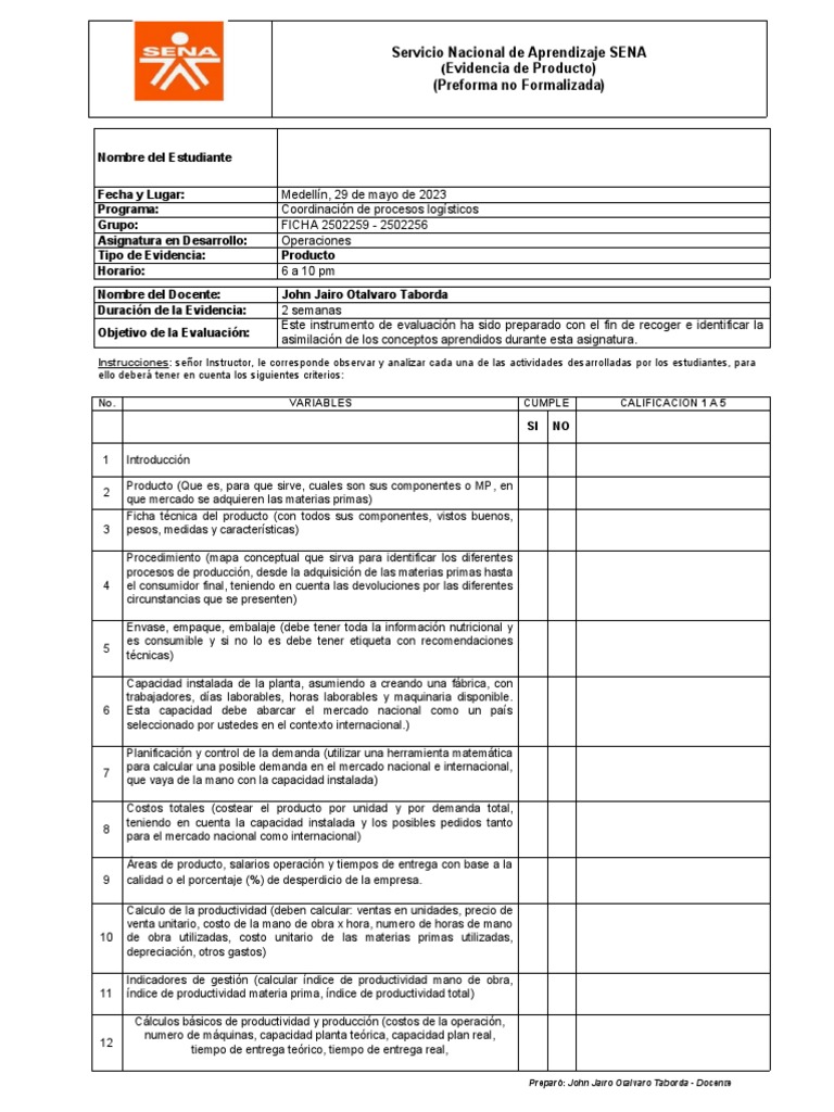 Lista Chequeo Desempeño SENA OPERACIONES | PDF | Producto (Negocio) | Evaluación