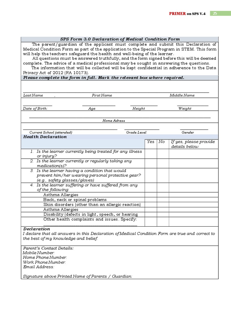 Declaration of Medical Condition Form | PDF | Allergy | Medicine