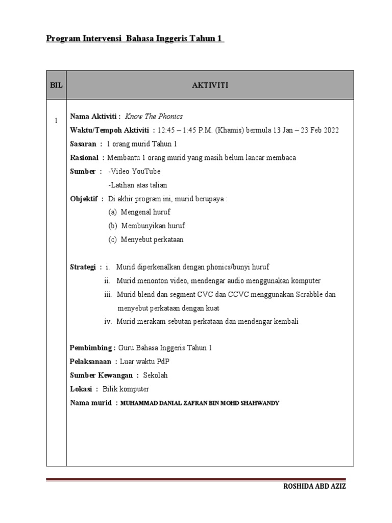 Program Intervensi Bahasa Inggeris Tahun 1 | PDF