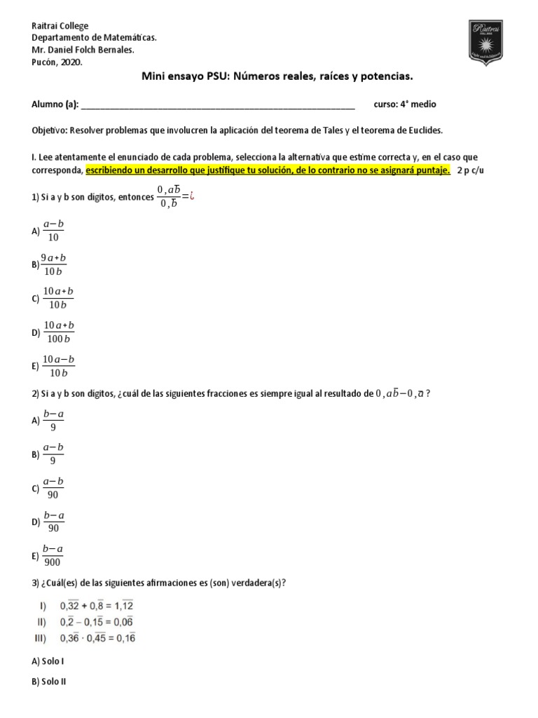 Mini Ensayo PSU Nùmeros Reales | PDF | Notación Matemática | Matemática Elemental