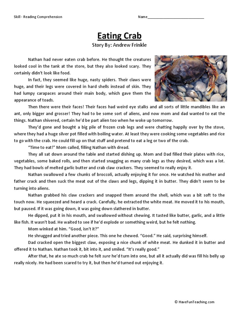 Eating Crab Fourth Grade Reading Comprehension Worksheet | PDF