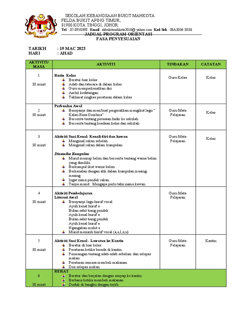 JADUAL MINGGU ORIENTASI 2023 | PDF