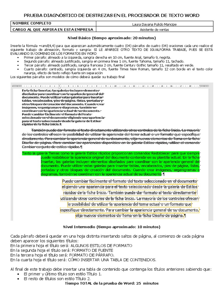Prueba Diagnóstico de Destrezas en El Procesador de Texto Word | PDF ...