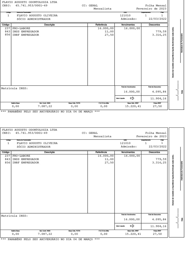 Recibo de Pagamento Fev 2023 | PDF