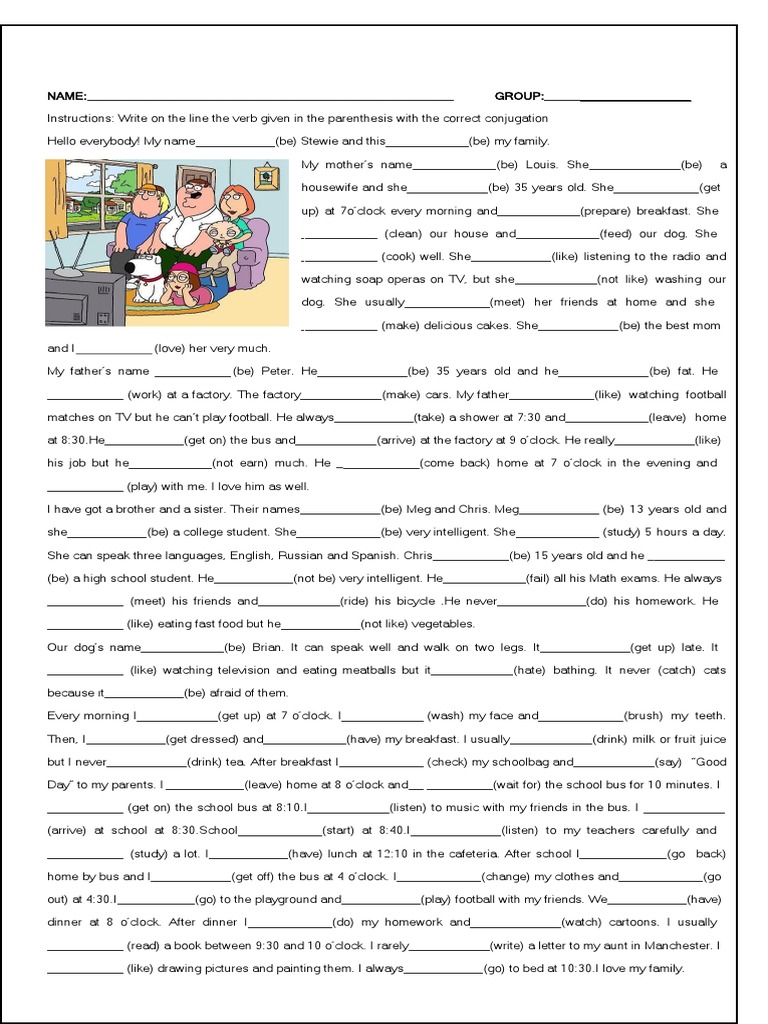 Simple Present Family Reading Exercise | PDF