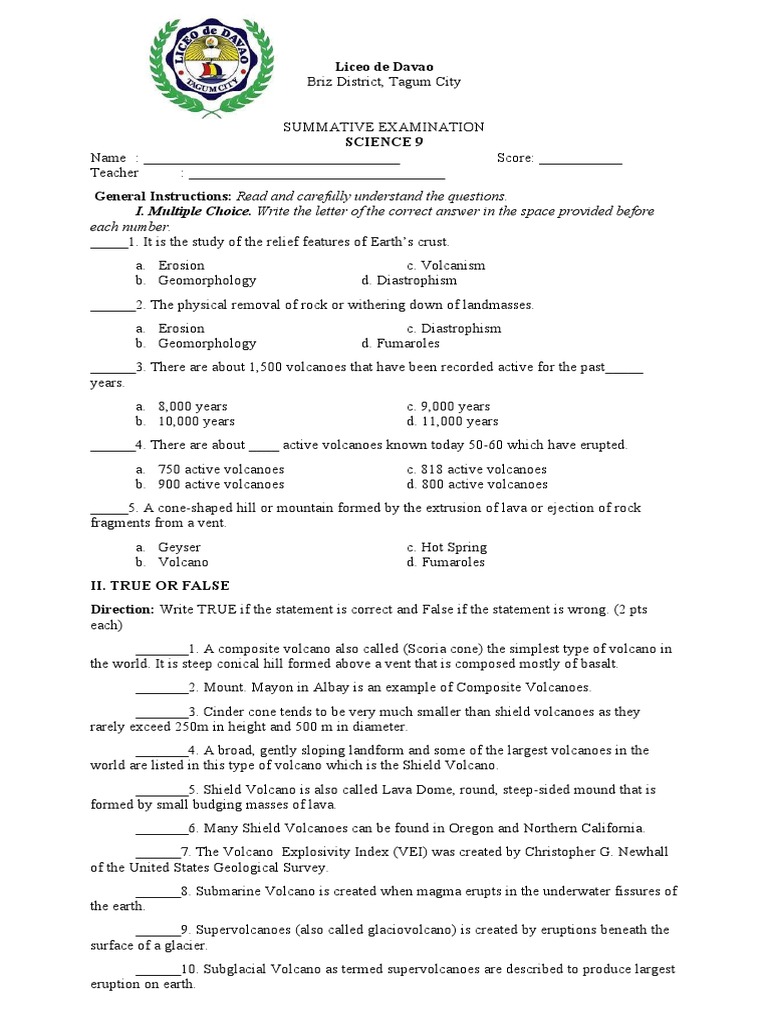 SCIENCE 9 Geomorphology Volcanoes Summative Test | PDF | Volcano ...