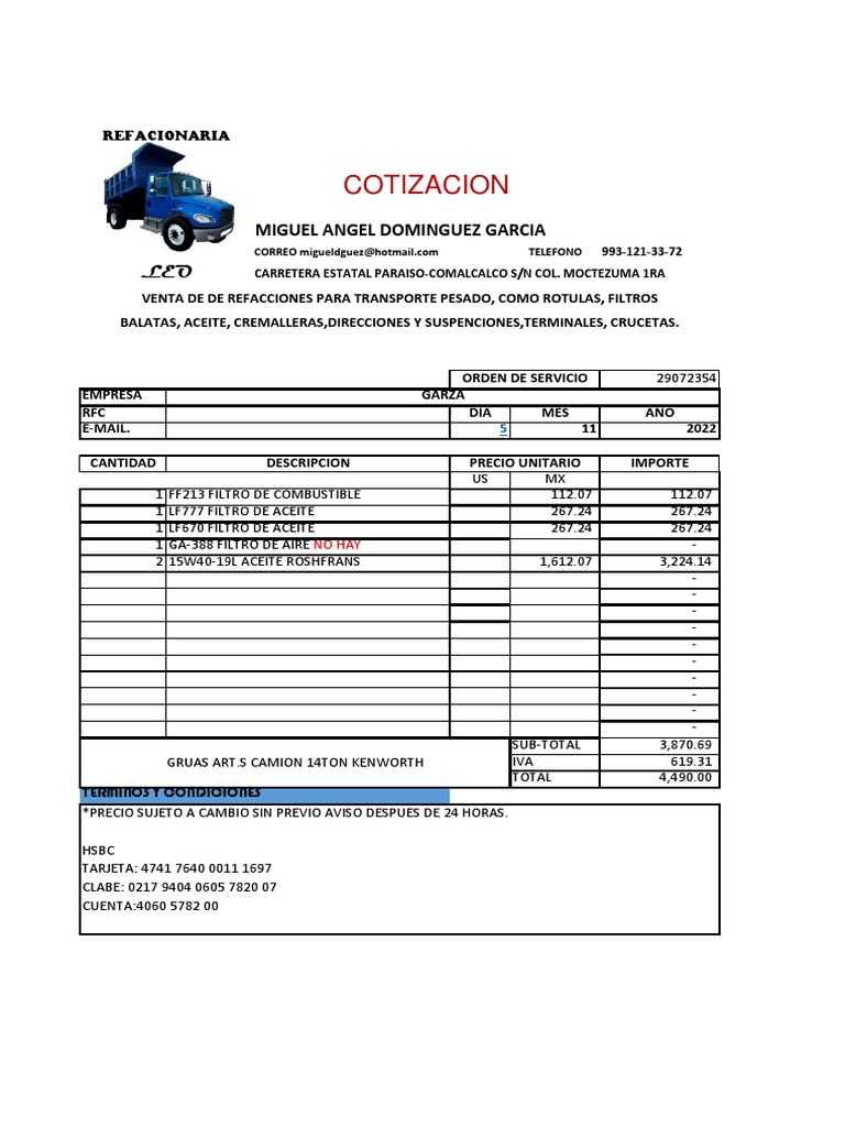 Cotizacion 4490 Gruas Art.s Camion 14 Ton Kenworth | PDF