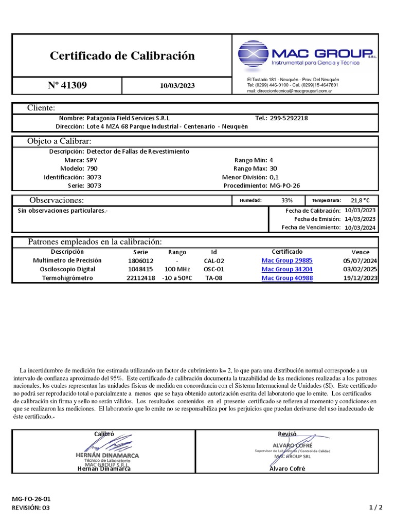Certificado de Calibracion-Detector de Fallas - Cc41309 | PDF ...