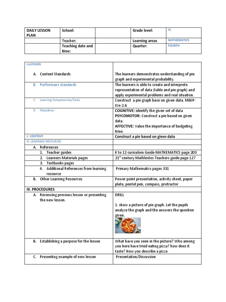 Daily Lesson Plan Math 6 (Pie) | PDF