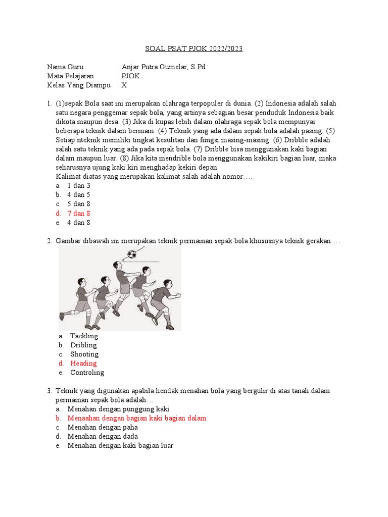 Soal PSAT PJOK 2022/2023 Kelas X | PDF
