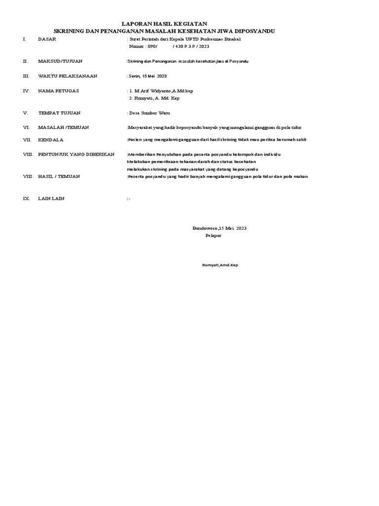 Bok Laporan Hasil Skrining Jiwa Posyandu | PDF