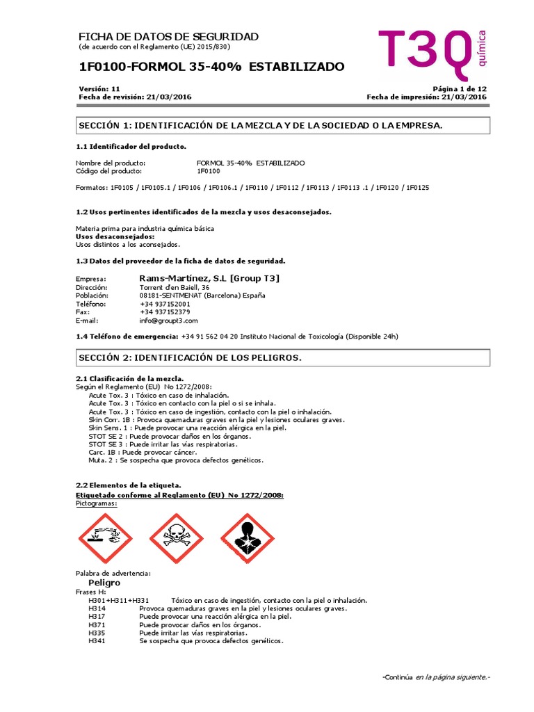 1F0100 - FDS - EE - FORMOL 35 40 ESTABILIZADO Espanol | PDF ...