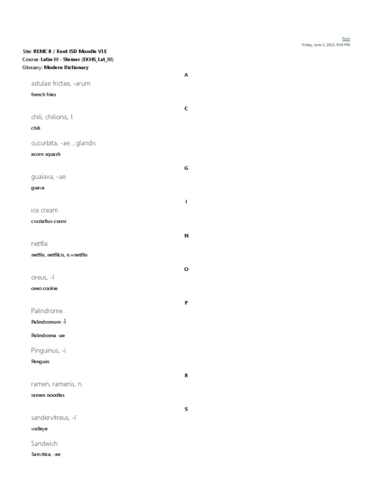 Latin III Glossary: Modern Terms | PDF