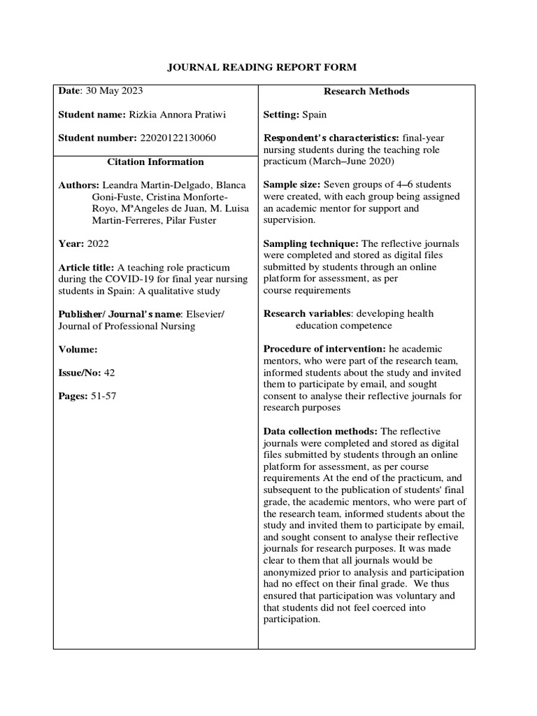 Journal Reading Report Form | PDF