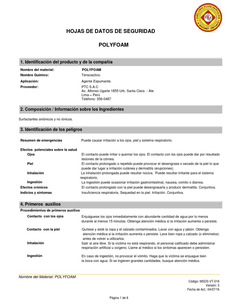 Polyfoam MSDS | PDF | Agua | Tensioactivo
