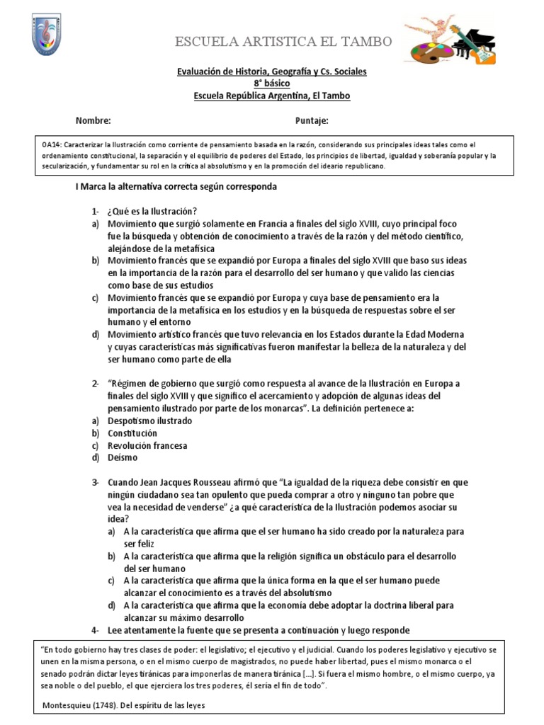 Evaluación de Historia 8vo La Ilustracion | PDF | Era de iluminacion | Separación de poderes