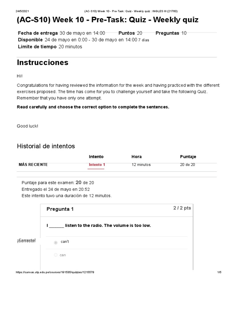 Ac s10 Week 10 Pre Task Quiz Weekly Quiz Ingles III 21760 - Compress | PDF | Computer Science ...