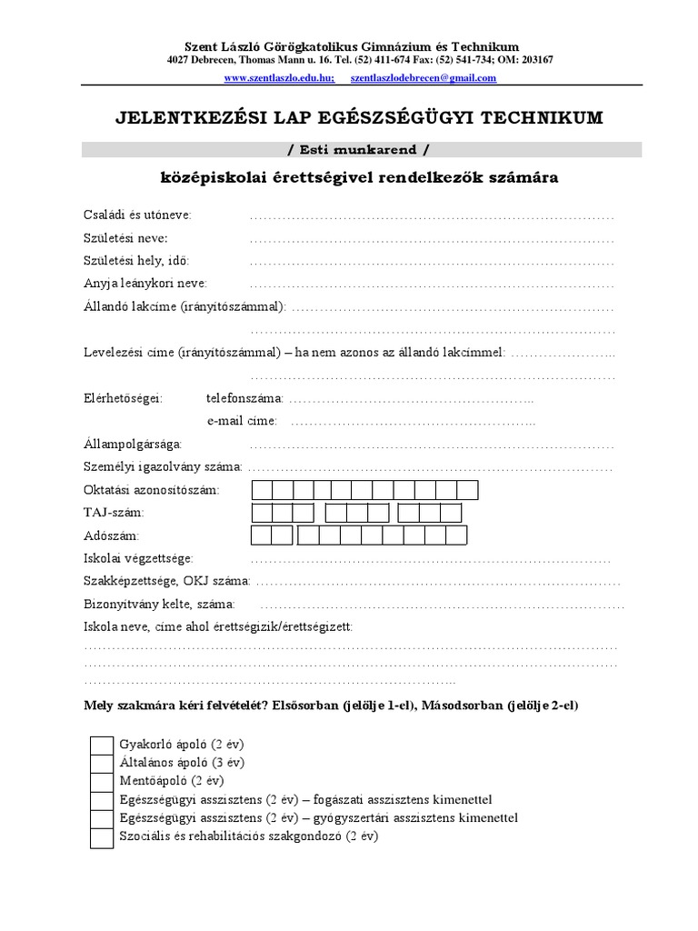 Jelentkezési Lap Esti Munkarend 2022-2023-As Tanév | PDF