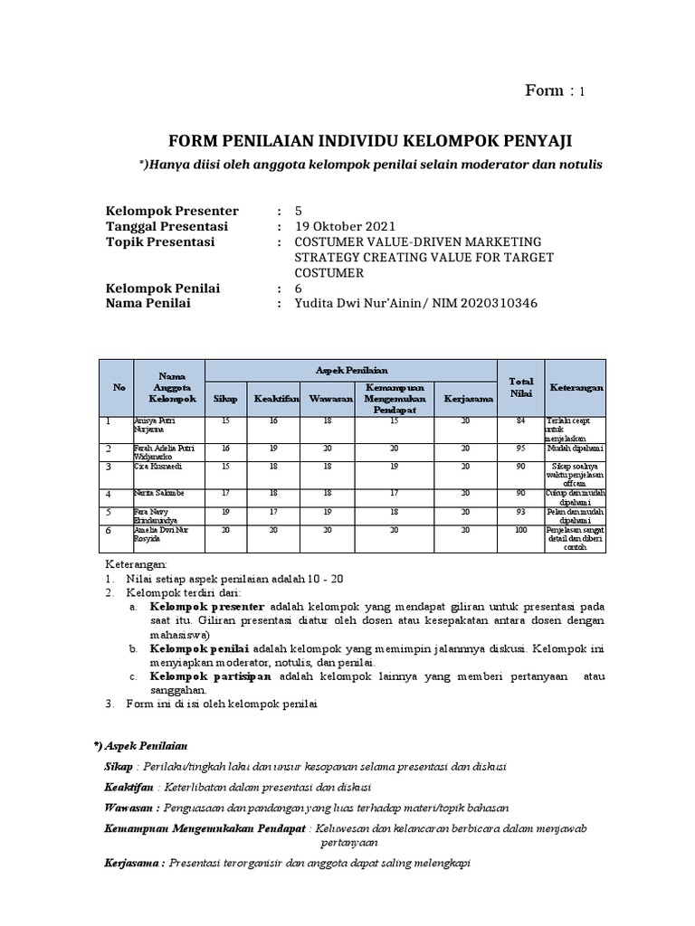 Form Penilaian Presentasi dan Diskusi_Manajemen Pemasaran | PDF