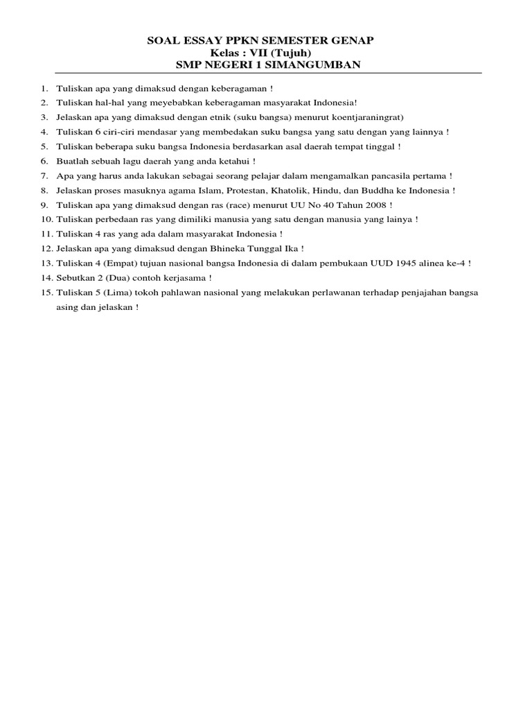 Soal Essay PPKN Kelas Vii (Tujuh) | PDF | Seni & Disiplin Bahasa