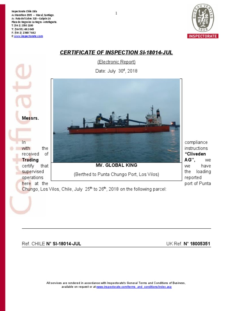 Si18014-Jul - Certificate of Inspection - MV Global King | PDF